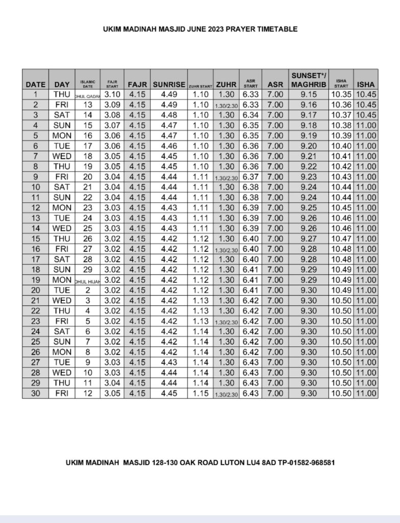 Prayer Times – Madinah Masjid
